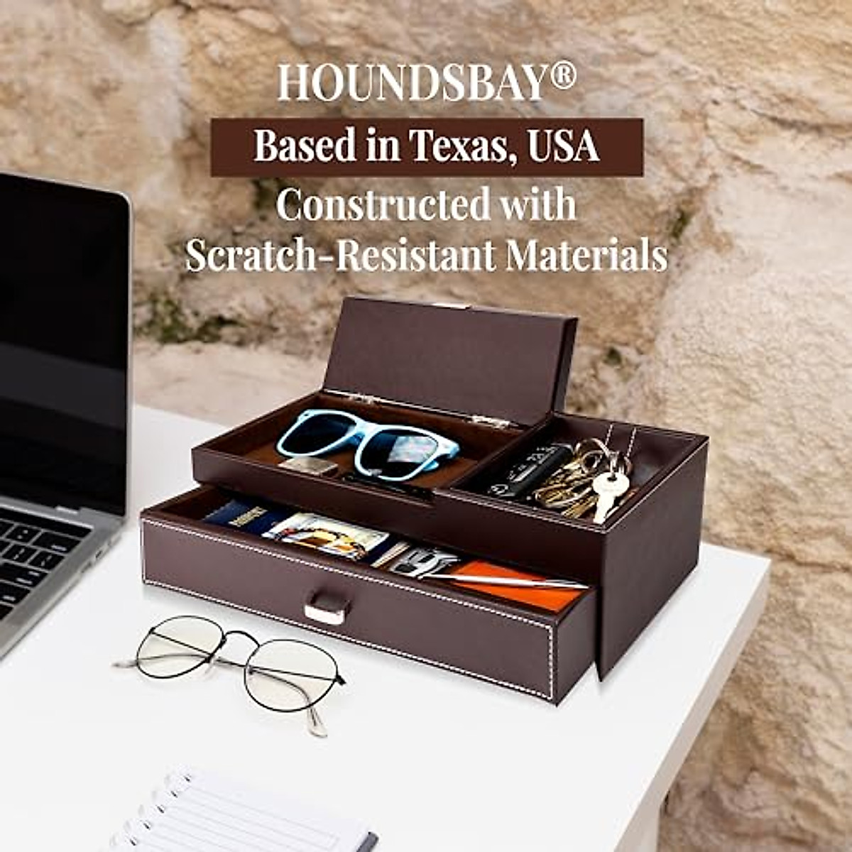 HOUNDSBAY Valet Tray and Nightstand Organizer - Hand Crafted EDC Tray with Phone Area, Cable Cutaway, Drawer – Durable, Scratch Resistant Materials - Compact Footprint with Ample Storage - Valet Box