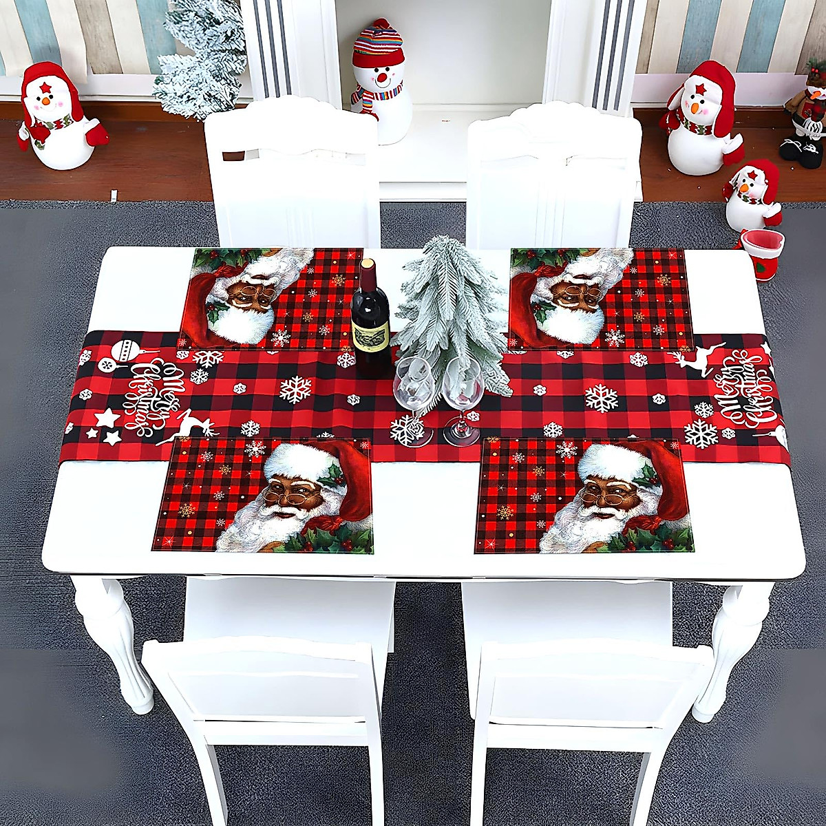 Nepnuser Linen African American Christmas Placemats Set of 4 Buffalo Plaid Black Santa Claus Place Mats for Home Kitchen Dining Table Decoration