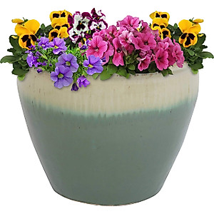 Sunnydaze Large Ceramic Planter - Indoor or Outdoor Plant Pot with Drainage Holes - Seafoam Glaze Finish - 15" - Chalet