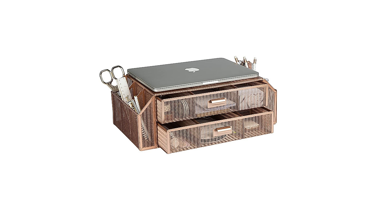 BLU MONACO Rose Gold Monitor Stand with Drawer Riser