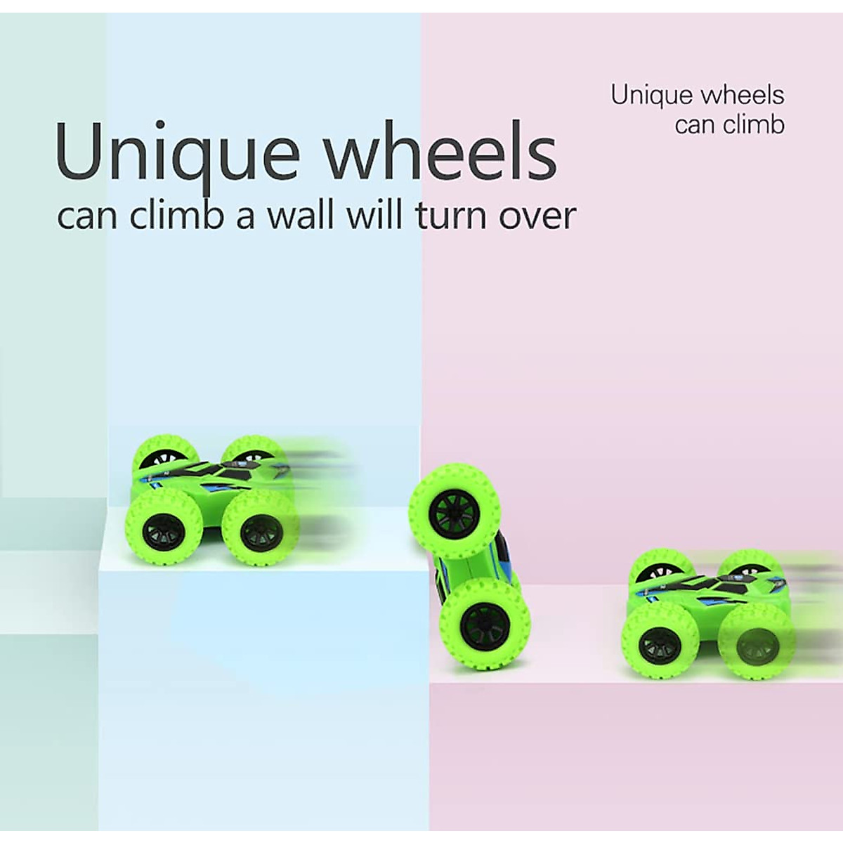 CLeternal Pull Back Cars, 4 Pack Monster Toys Truck Double-Sided Friction Powered Vehicles Flips Shockproof Inertia Cars Push and Go Vehicles for Kids Christmas Party Gift