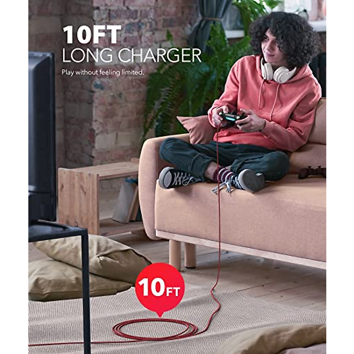 6amLifestyle PS4 Controller Charger Charging Cable 10ft 2 Pack Nylon Braided Extra Long Micro USB 2.0 High Speed Data Sync Cord Compatible for Playstaion 4, PS4 Slim/Pro, Xbox One S/X Controller, Red
