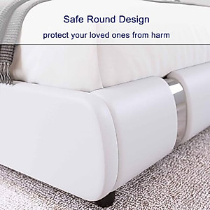 Keyluv Modern Faux Leather Upholstered Platform Bed Frame with Mirror Metal Decoration Headboard, Curved Headboard, Wooden Slats Support, No Box Spring Needed, Queen Size, White