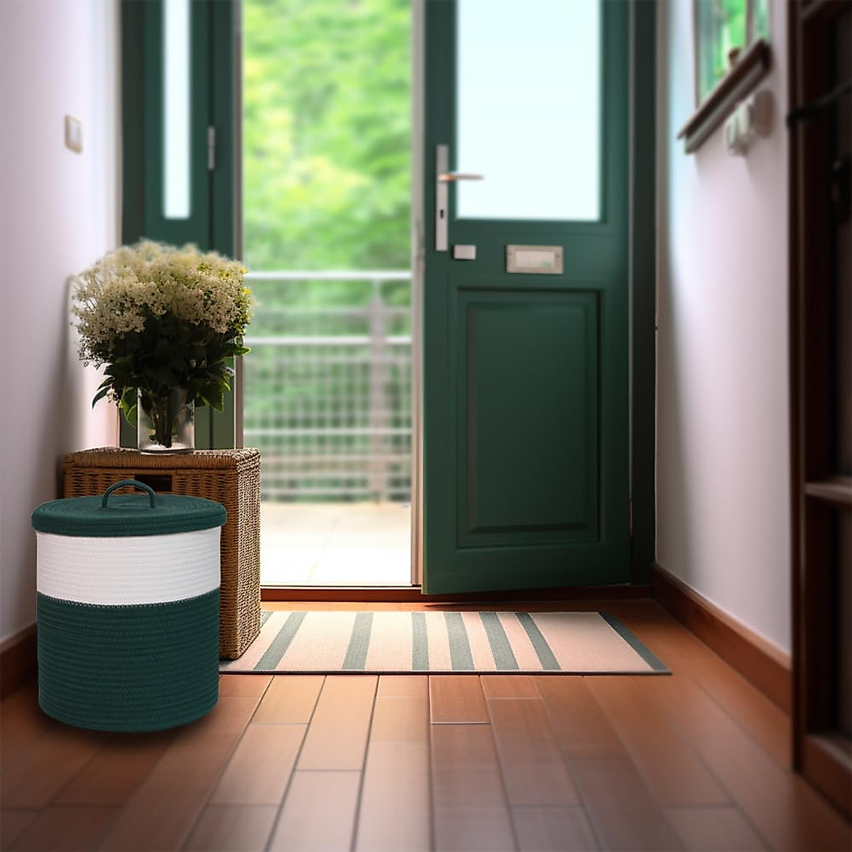 Yimi's Dream Basket with Lid, Medium Woven Baskets for Storage and Organizing, Small Cotton Rope Basket with Handle for Baby Gifts, Laundry, Toy (12''D * 13.5''H, Green & White)