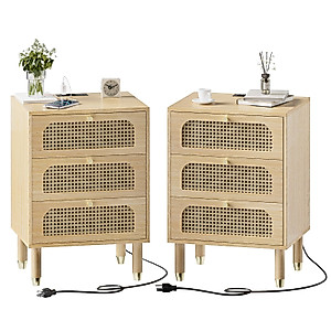VINGLI Rattan Nightstands Set of 2 with Charging Station, 19" W x 27" H Nightstand 3 Drawer Set of 2, Boho Nightstand/End Table/Side Table, Rattan Bedside Table for Bedroom(Oak, 2 Pack)