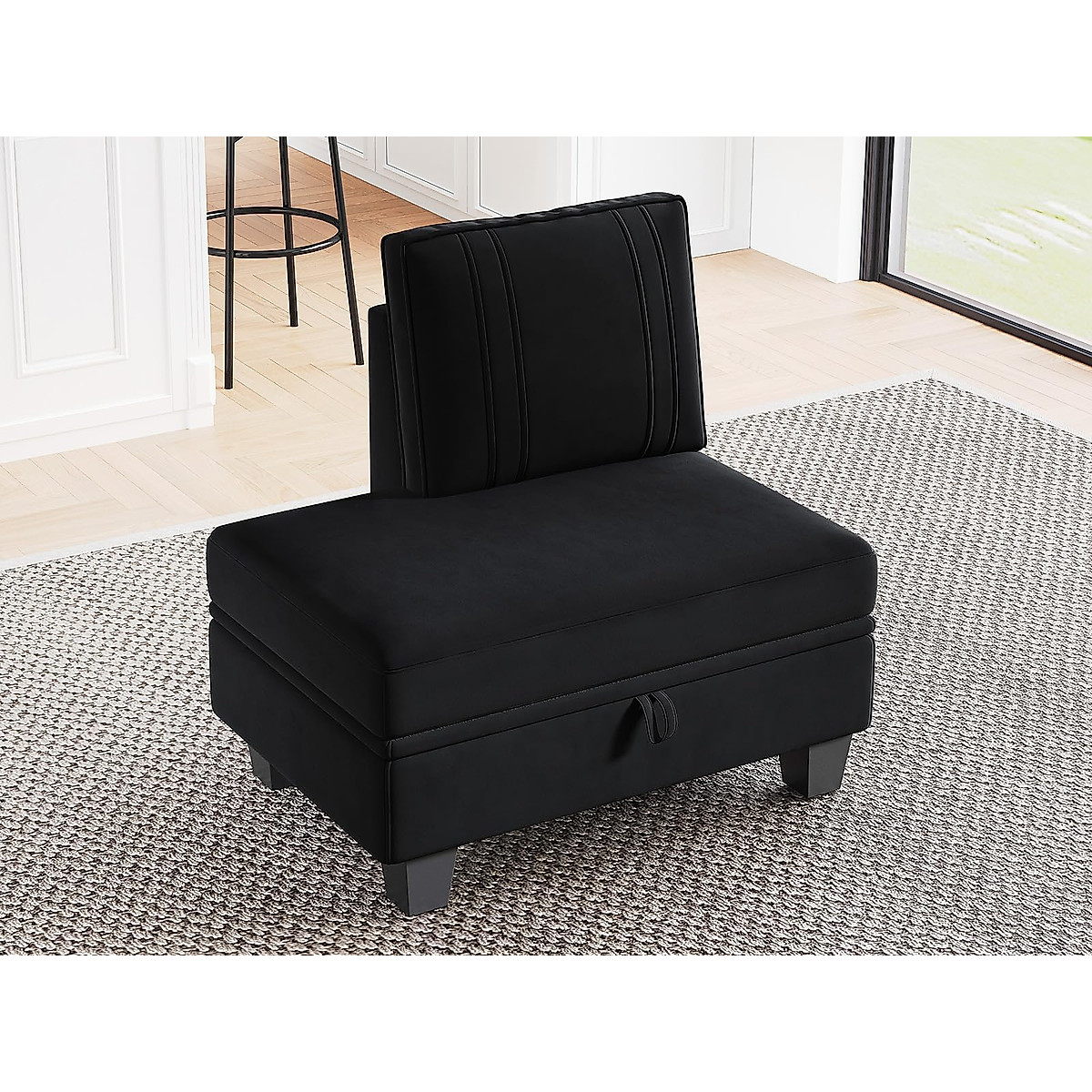 Belffin Velvet Convertible Storage Chaise Ottoman with Back Side for Velvet Sectional Sofa Black
