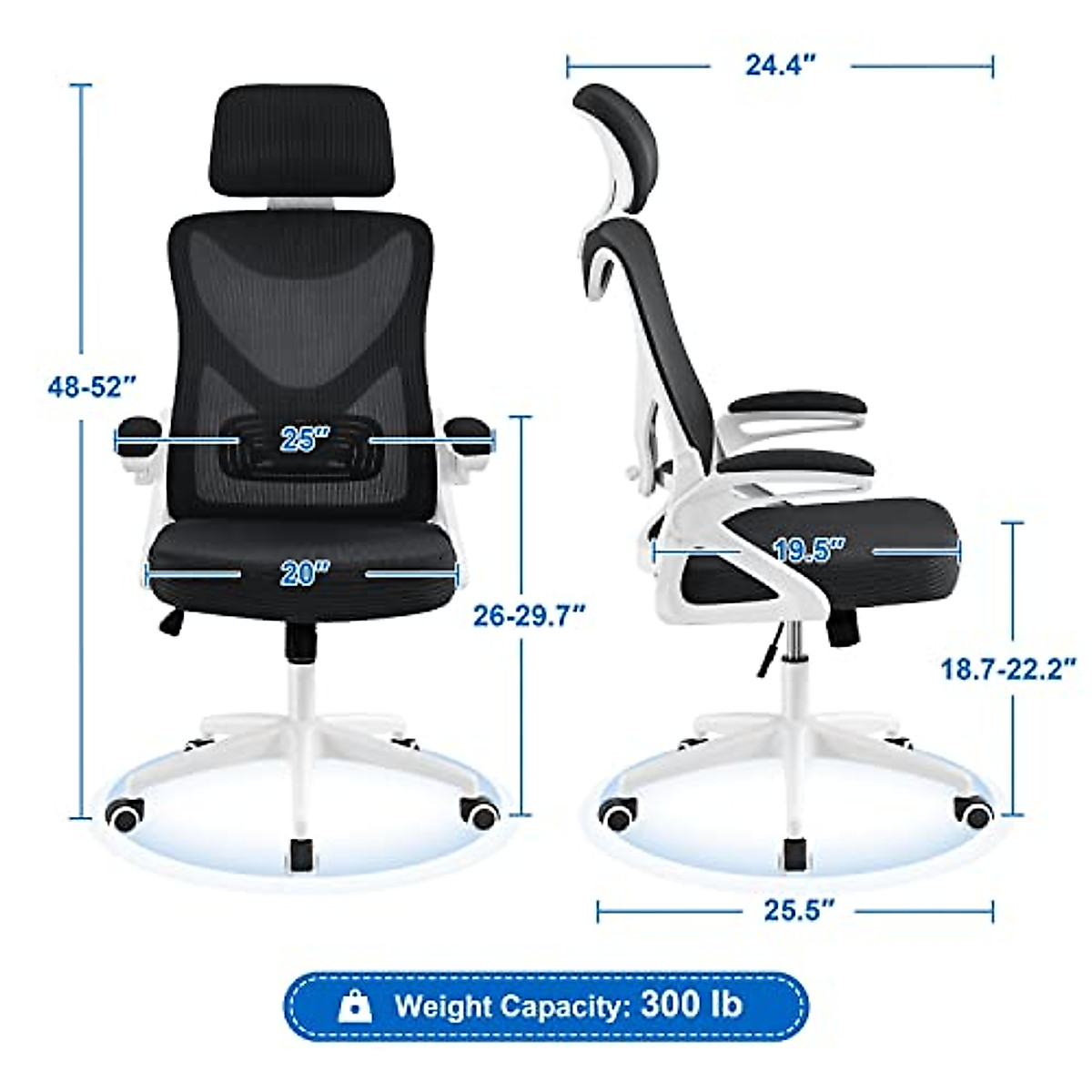 Yaheetech Ergonomic Mesh Office Chair, High Back Desk Chair with with flip-up Armrests, Adjustable Padded Headrest Computer Chair with Lumbar Support for Home Oiffce Game Room, White/Black