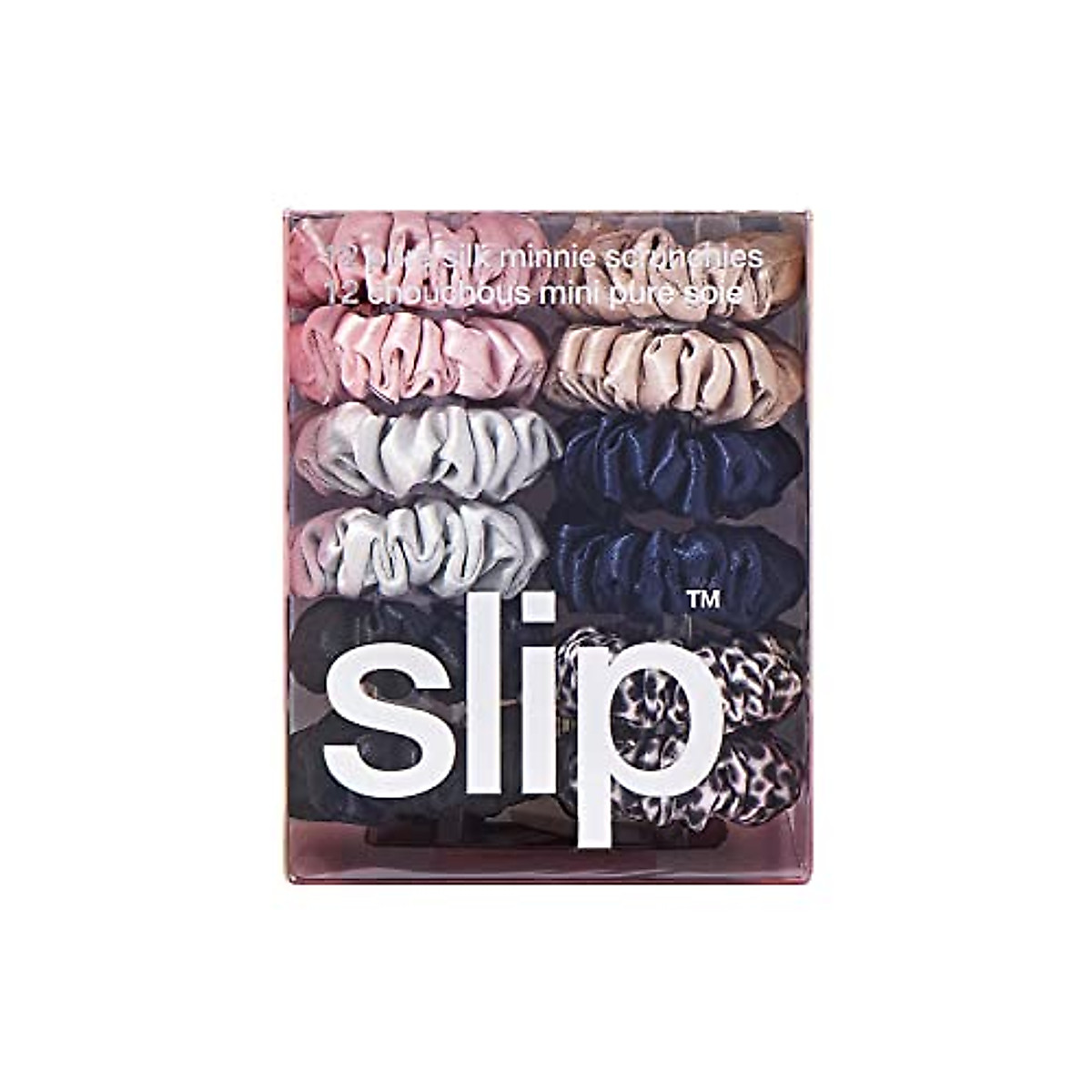 Slip Silk Pure Silk Minnie Scrunchies - Classic - 100% Pure 22 Momme Mulberry Silk Scrunchies for Women - Hair-Friendly Scrunchies Set in Pink, Caramel, Silver, Navy, Leopard & Black (12 Scrunchies)