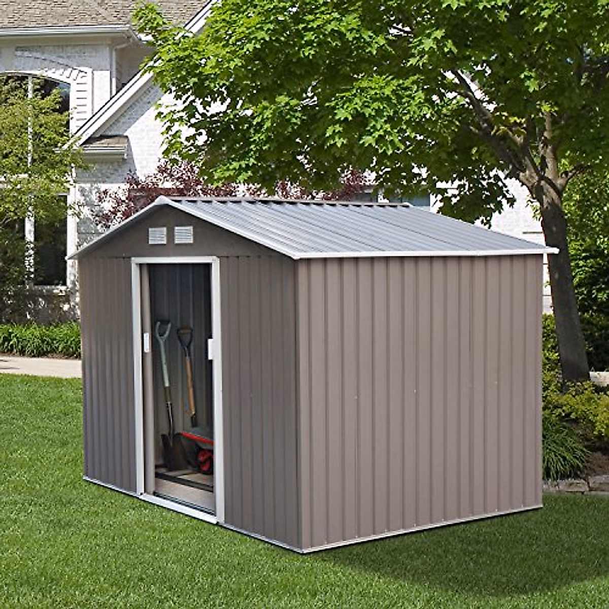 Outsunny 9' x 6' Metal Storage Shed Garden Tool House with Double Sliding Doors, 4 Air Vents for Backyard, Patio, Lawn Grey