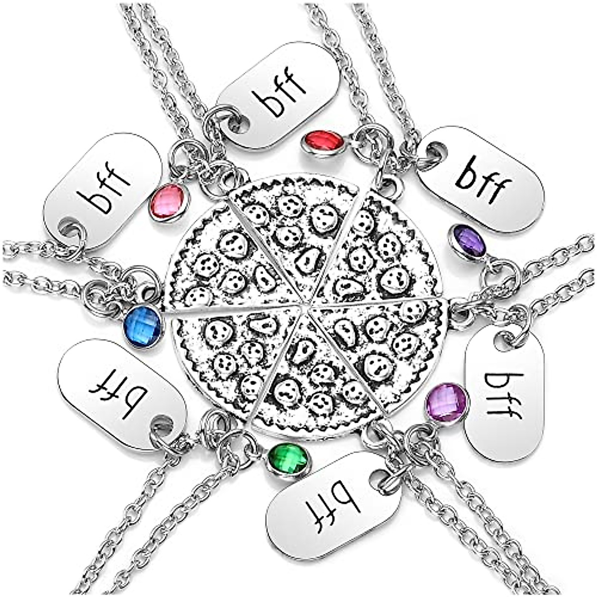 Top Plaza Womens Silver Tone Rhinestone Best Friends Forever BFF Necklace Engraved Pizza Pendant Necklaces 21 Inches - Set of 6