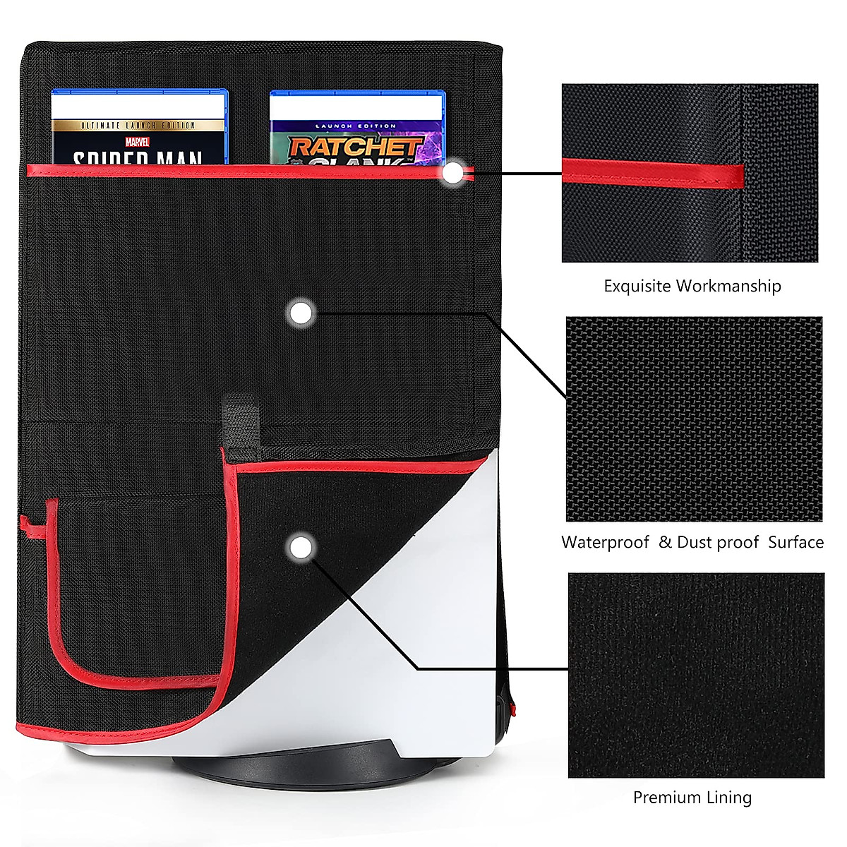 TiMOVO Dust Cover for PS5 Console, Soft Lining Dust Guard for Playstation 5 Console Digital Edition & Regular Edition, Waterproof Protective Sleeve with Game Disc & Controller Storage Pocket, Black