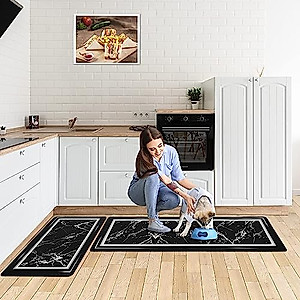 ASPMIZ 2 PCS Kitchen Rugs Non Slip, Black Marble Kitchen Mats Cushioned Anti Fatigue, Comfort Standing Mat for Kitchen Floor, Marble Kitchen Rugs Sets of 2 Washable, 18'' x 48'' + 18'' x 30''