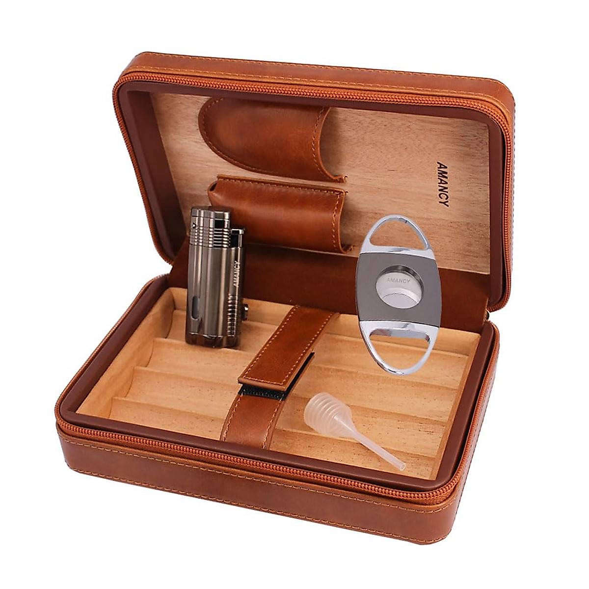 AMANCY Elegant Handmade Brown Leather Cedar Wood Lined 4 Cigar Humidor Case with 3 Triple Jet Flame Cigar Lighter and Cutter，Suitable for Holding Big and Fat Cigars