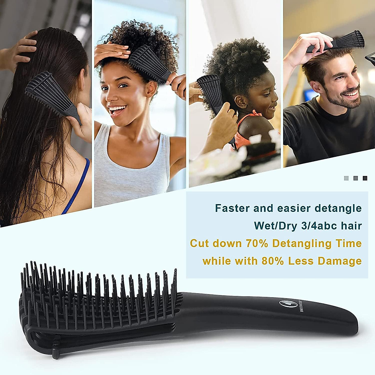 O BRUSHZOO Detangler Brush for Curly Hair, Hair Brushes for Women Men or Kids Black Natural Hair, Detangling Brush for Natural 3/4abc Wet Dry Hair (Blue)