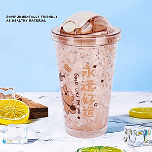 Cute Water Tumbler, 450ml Water Drinking Cup Reusable Double Wall Water Bottle with Straw Kawaii Water Bottle for Home Travel Tumbler(Brown)