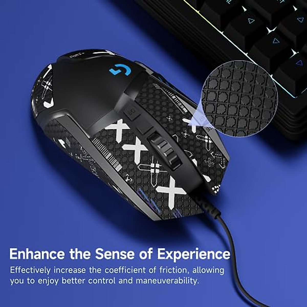 JINGDU Anti Slip Grip Tape and Mouse Feet Set for Logitech G502, Gaming Mouse Skin with Anti Sweat Grip, Black