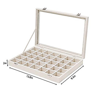 Mebbay 35 Grid Velvet Jewelry Tray Organizer Felt Jewelry Box Tray Holder with Clear Lid for Drawer, Stud Earring Necklace Bracelet Ring Healing Stones Storage (Creamy White), 13.8" x 9.4" x 2"