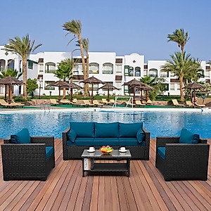 Lviden 4 Pieces Patio PE Wicker Sofa Sets Outdoor Rattan Conversation Furniture Set sectional Couch with Table and Peacock Blue Cushions