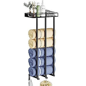 Ovicar Towel Racks for Bathroom - Wall Mounted Rolled Towels Storage with Metal Shelf & 3 Hooks,3 Bars Wall Towel Holder for Small Bathroom, Bath Towel Organizer (Black)