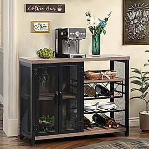 KFO Industrial Bar Cabinet for Liquor and Glasses, Farmhouse Metal Wood Coffee Bar Cabinet, Sideboard Buffet Cabinet, Wine Rack Table with Mesh Door for for Home Kitchen Dining Living Room, 40 Inch…