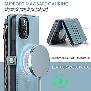 CaseMe Logo View for iPhone 13 Pro Max Magsafe Wallet Case Credit Card Holder,PU Leather Flip Lanyard Strap Wristlet Zipper Wireless Charging Women Men for iPhone 13 Pro Max Phone case(Tiffany Blue)