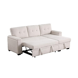 Lilola Home Lucca II 84.5" W Beige Woven Fabric Reversible Sleeper Sectional Sofa with Storage Chaise and Pocket Coil Seating