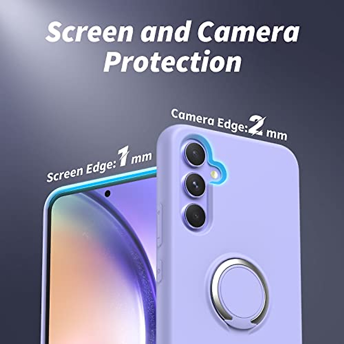 TUNKARMOR for Samsung Galaxy A14 5G Case: with 2 Pack Tempered Screen Protector & Built in 360° Adjustable Ring Kickstand Shockproof Protection Soft TPU Silicone Phone Cover (Purple)
