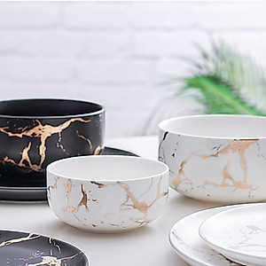 Set of 4 Gold Marble Soup Bowls Ceramic Cereal Bowl Marble Soup Bowl 17 OZ Ceramic Rice Bowl Luxury Gold Inlay Dessert Bowl (Black-4)