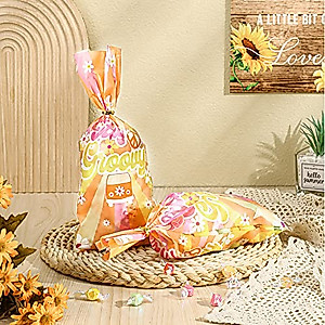 100 Pcs Groovy Boho Party Favor Bags Two Groovy Cellophane Retro Goody Treat Bag Hippie Decorations Daisy Groovy Birthday Party Plastic Bags with 150 Pcs Gold Twist Ties for 60's 70's Hippie Party
