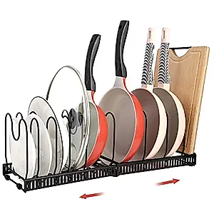 Pots and Pans Organizer Lid Organizer Dishes Bakeware Storage Rack Expandable Black Rack Holder with 10PCS Adjustable Compartment for Kitchen Cabinet Cupboard Drawer Counter