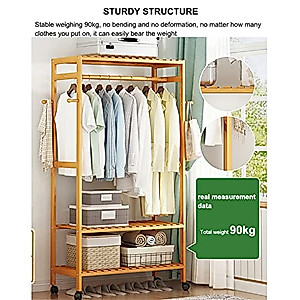 YXDFG Bamboo Clothing Rack, with Top Shelf and Shoe Clothing Storage Organizer Shelves,with Shelves Heavy Duty Rolling Clothes Coat Rack,for Hanging Clothes,Wood,100×35×165cm