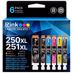 E-Z Ink (TM) Compatible Ink Cartridge Replacement for Canon PGI-250XL PGI 250 XL CLI-251XL CLI 251 XL to use with Pixma IP8720 (1 Large Black, 1 Cyan, 1 Magenta, 1 Yellow, 1 Small Black,1 Gray) 6 pack
