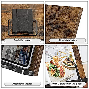 SONGMICS Cookbook Stand, Mothers Day Gifts, Gifts for Mom Grandma, Foldable Cookbook Holder, Recipe Book Holder with Clips, 5-Angle Adjustable, for Kitchen, Rustic Brown ULLD112B01