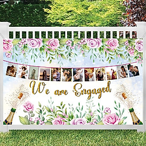 MEFENG Personalized We are Engaged Backdrop Banner Flower Engagement Decorations Bridal Shower Party Backdrop Engaged Ceremony Supplies Photo Booth Props Background with Customized Picture