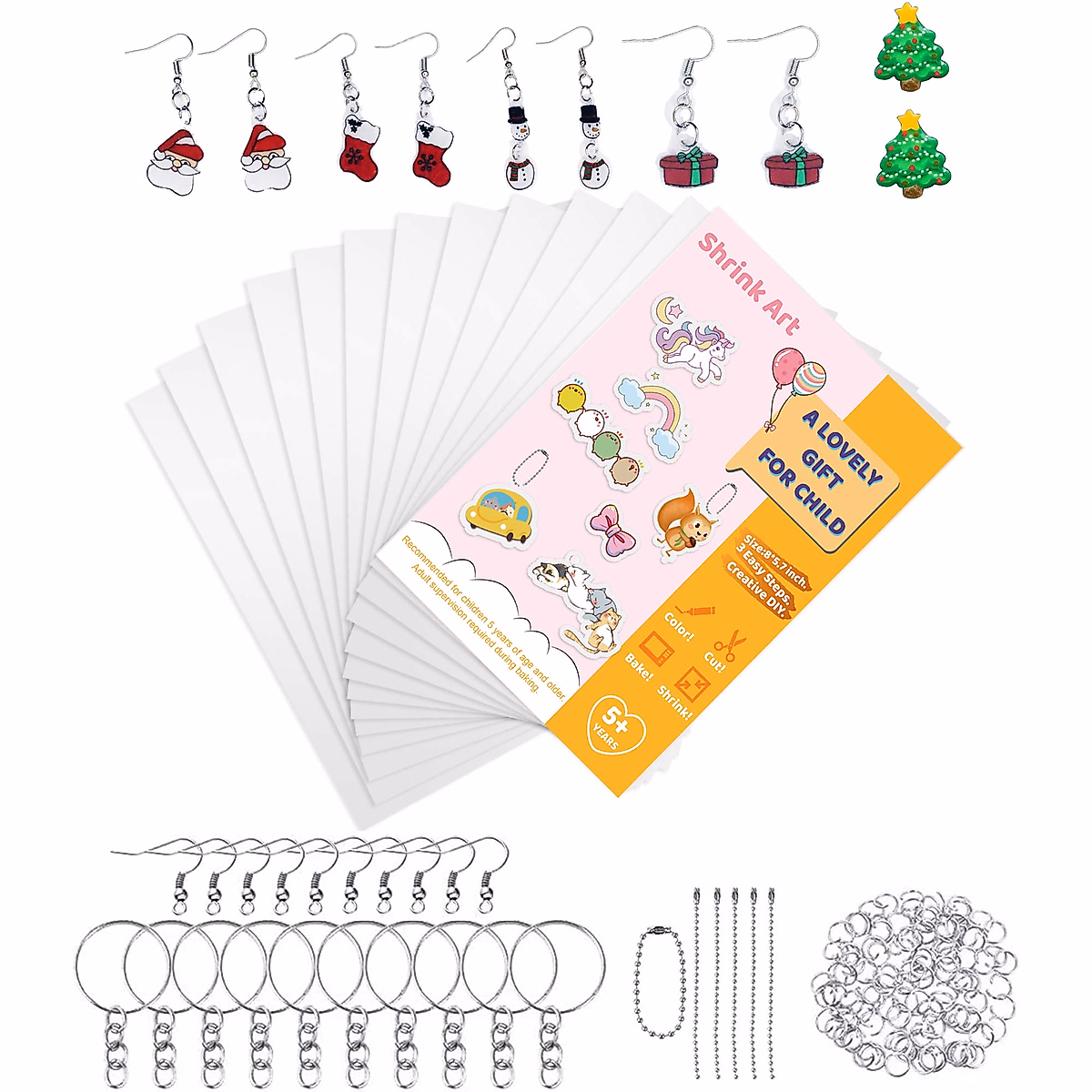 Rawskro 137 Pieces Shrink Plastic Sheet Kit Include 12 PCS Shrinky Art Paper with 125 PCS Keychains Accessories,Create Your Own Shinky Dinks, Earrings, Necklace, Keychains (A5 Size)
