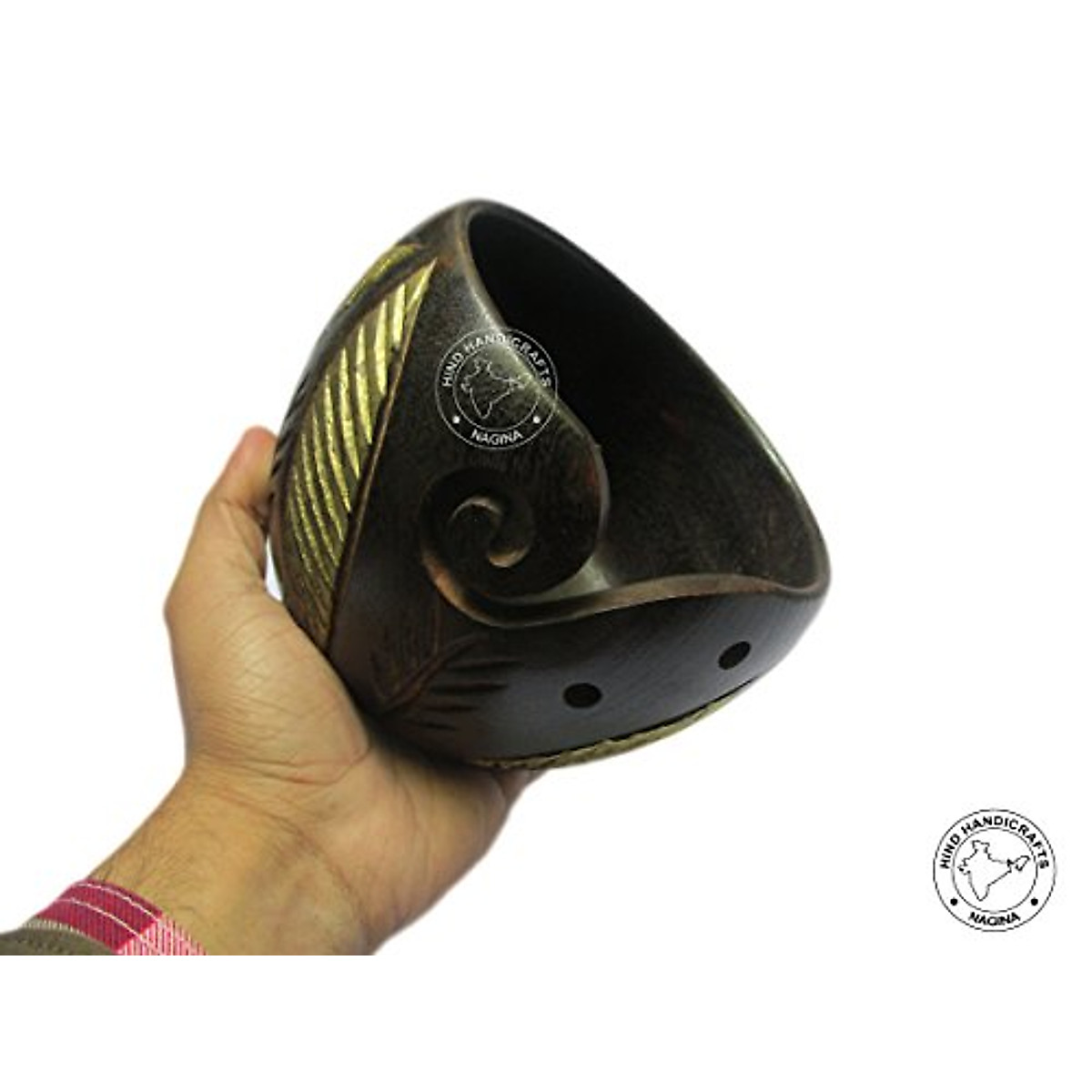 Hind Handicrafts Premium Solid Dark Handmade Crafted Wooden Portable Antique Yarn Storage Bowl - Holder for Knitting Crochet Hook Accessories (6" x 6" x 4", Antique - Golden Leaf)