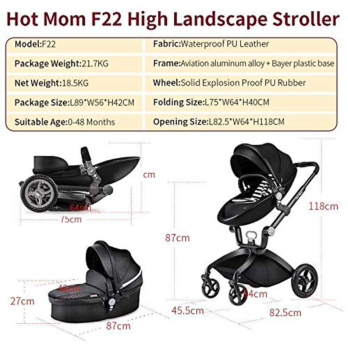 Hot Mom Baby Stroller: Stylish Carriage with Adjustable Seat and Shock Absorption, High Landscape and Fashional Pram Stroller F22 Black