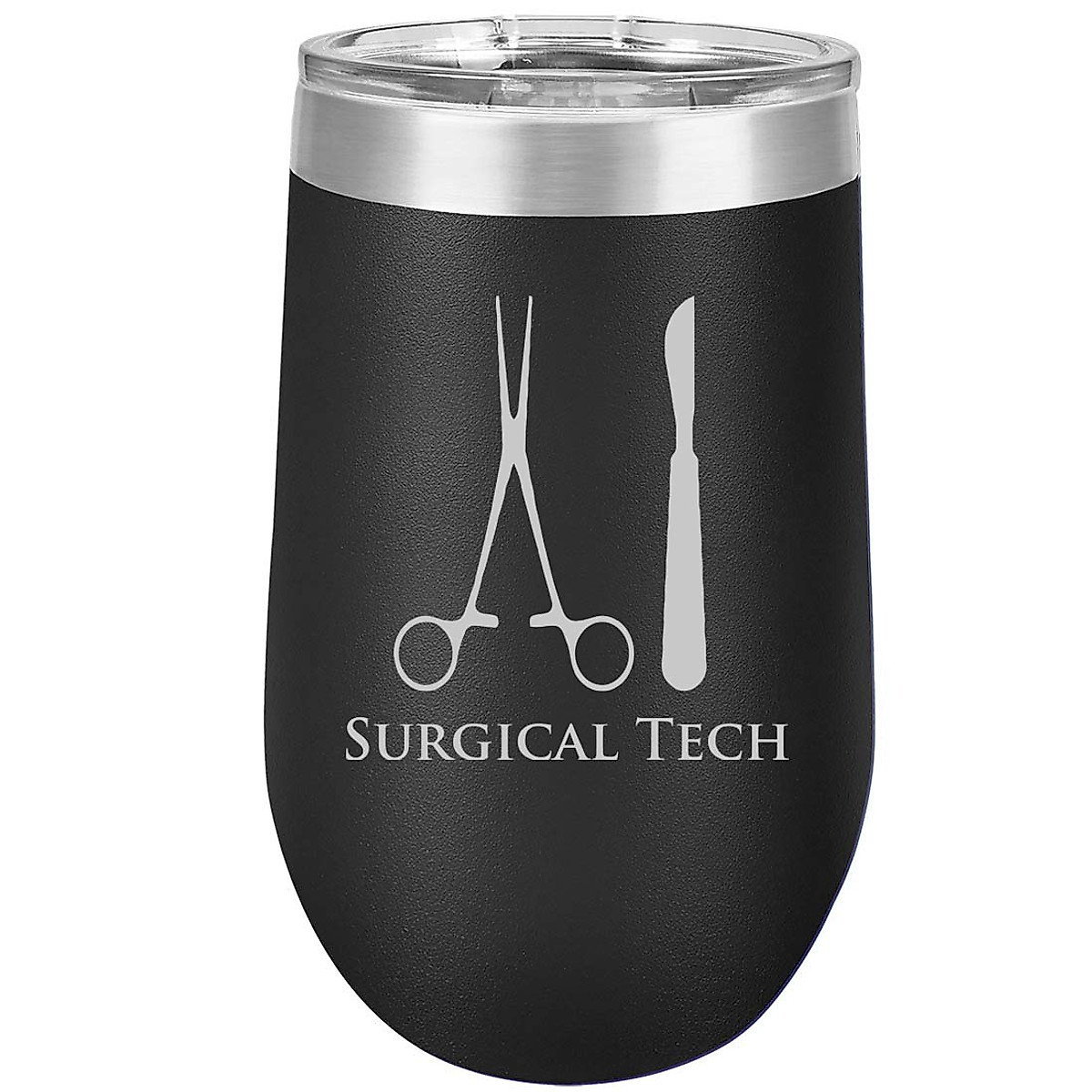 MIP Brand 16 oz Double Wall Vacuum Insulated Stainless Steel Stemless Wine Tumbler Glass Coffee Travel Mug With Lid Surgical Tech (Black)