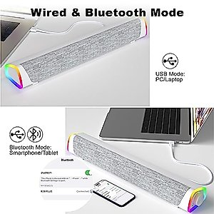 SOULION R30 Plus Bluetooth Computer Speakers for PC Desktop, 6 Modes LED Lights with All-in-one Control Button, Wired USB Powered Sound Bar, Surround Sound Portable SoundBar for Monitor Laptop Phone