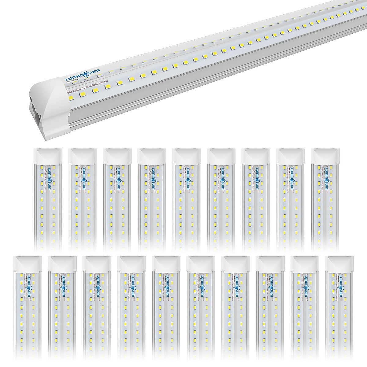 LUMINOSUM LED Shop Light 6ft, 42W LED Tube Light Fixture, Clear Cover Daylight 5000K, V-Shaped Integrated Fixture for Cooler Door Lighting, 20-Pack