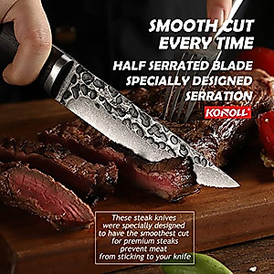 KONOLL Steak Knives Set of 6 Steaks Knife Serrated Blade Forged Handmade German High Carbon Steel Full Tang Handle