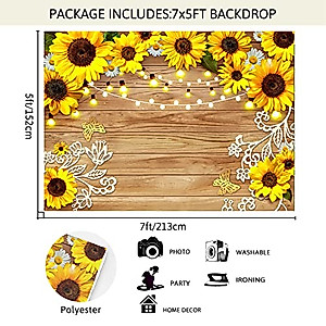 Sunflower Backdrop, Sunflower Birthday Party Decorations Photo Backdrops for Photography 7x5ft, Girls Baby Shower Butterfly Rustic Wood Back Drops Background for Photoshoot Banner Booth Props Picture
