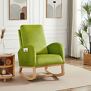 Upholstered Rocking Chair, Modern Nursery Rocking Armchair, Mid-Century Accent Glider Rocker with Side Pocket & Tall Backrest, Comfy Armchair for Bedroom Living Room Lounge(Green)