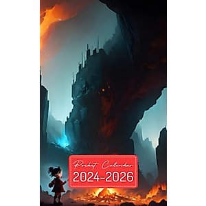 Pocket Calendar 2024-2026: Two-Year Monthly Planner for Purse , 36 Months from January 2024 to December 2026 | Lady toddler portrait | Cave | Bonfire | Character concept art