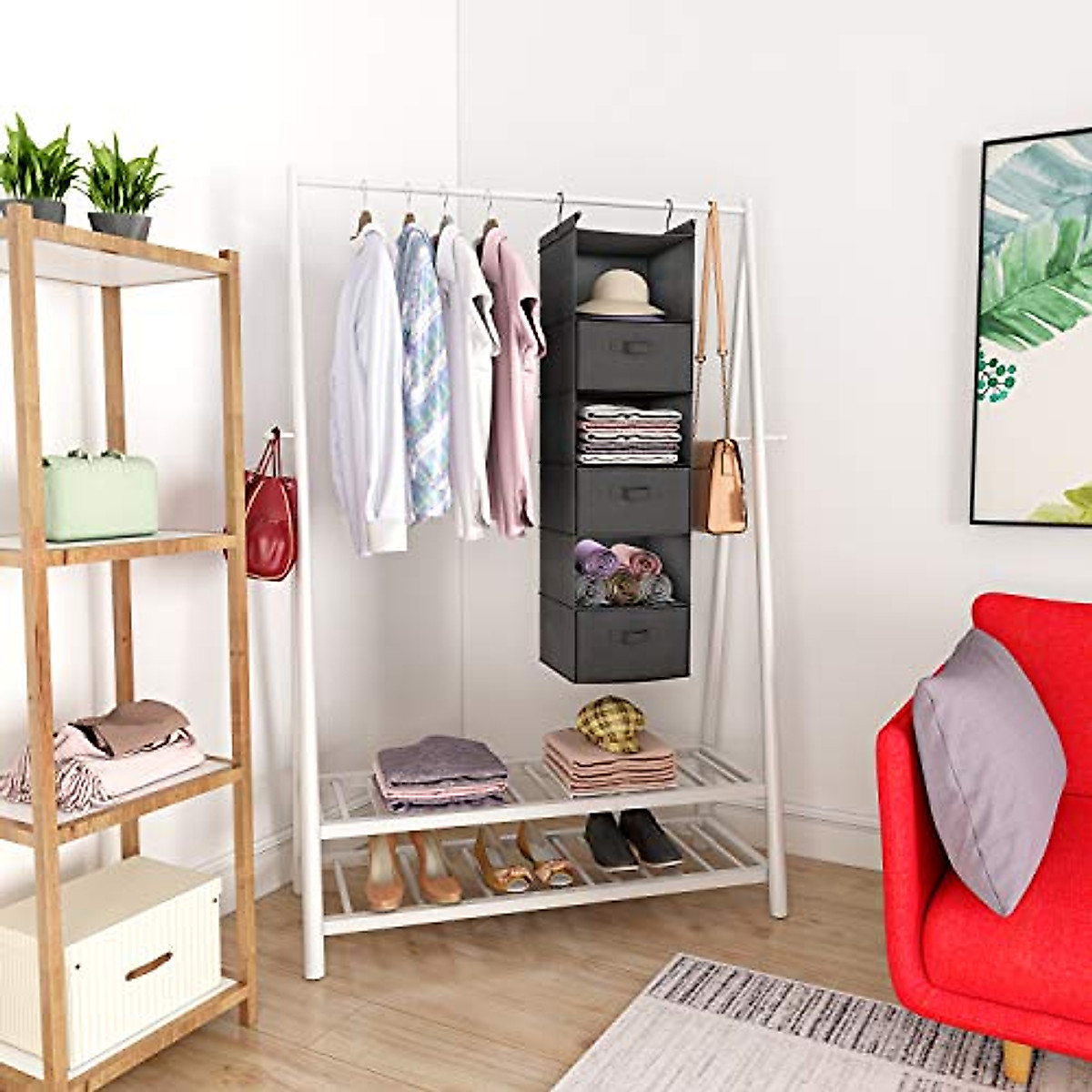 MAX Houser 6 Tier Shelf Hanging Closet Organizer, Closet Hanging Shelf with 2 Sturdy Hooks for Storage, Foldable,Black and Grey-D3