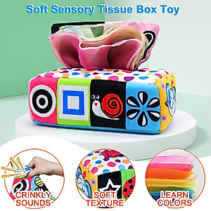 Adpartner Baby Tissue Box Toy, Montessori Sensory Baby Toys for Babies 6 to 12 Months, Soft Educational Tissue Toy Box with Fabric Crinkle Cards Scarves for 1 Year Old Boys Girls Early Learning Gifts
