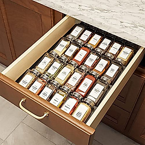 SpaceAid Spice Drawer Organizer with 24 Spice Jars, 378 White Minimalist Spice Labels, 4 Tier Seasoning Rack Tray Insert for Kitchen Drawers, 11.25" Wide x 17.5" Deep