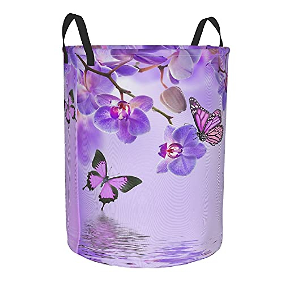 FeHuew Purple Flowers Butterfly on Water Collapsible Laundry Basket with Handle Waterproof Fabric Hamper Laundry Storage Baskets Organizer Large Bins for Dirty Clothes,toys,Bathroom