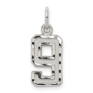Solid 925 Sterling Silver Small Diamond-cut Number # 9 Charm Pendant - 20mm x 7mm