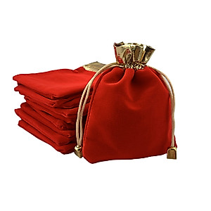 Palmhomee Pack of 12 Velvet Drawstring Bags With Gold Color Openning Gift Bag Velvet Pouch For Jewelry Wedding and Party Favor (5x6 Inch, Red+Gold Openning)